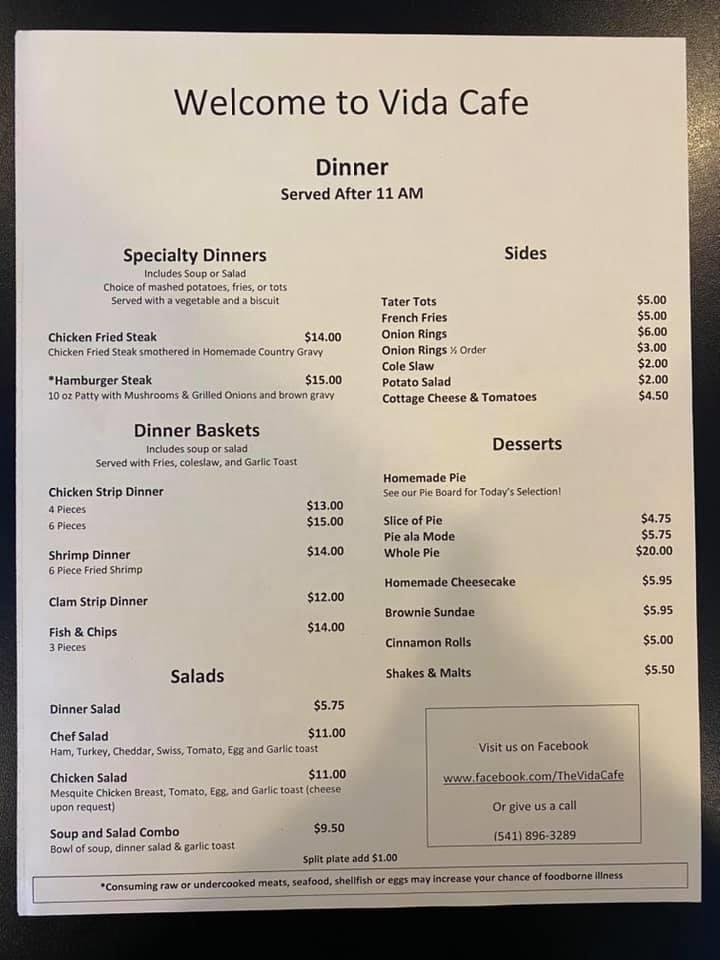 Menu at Vida Cafe, Vida