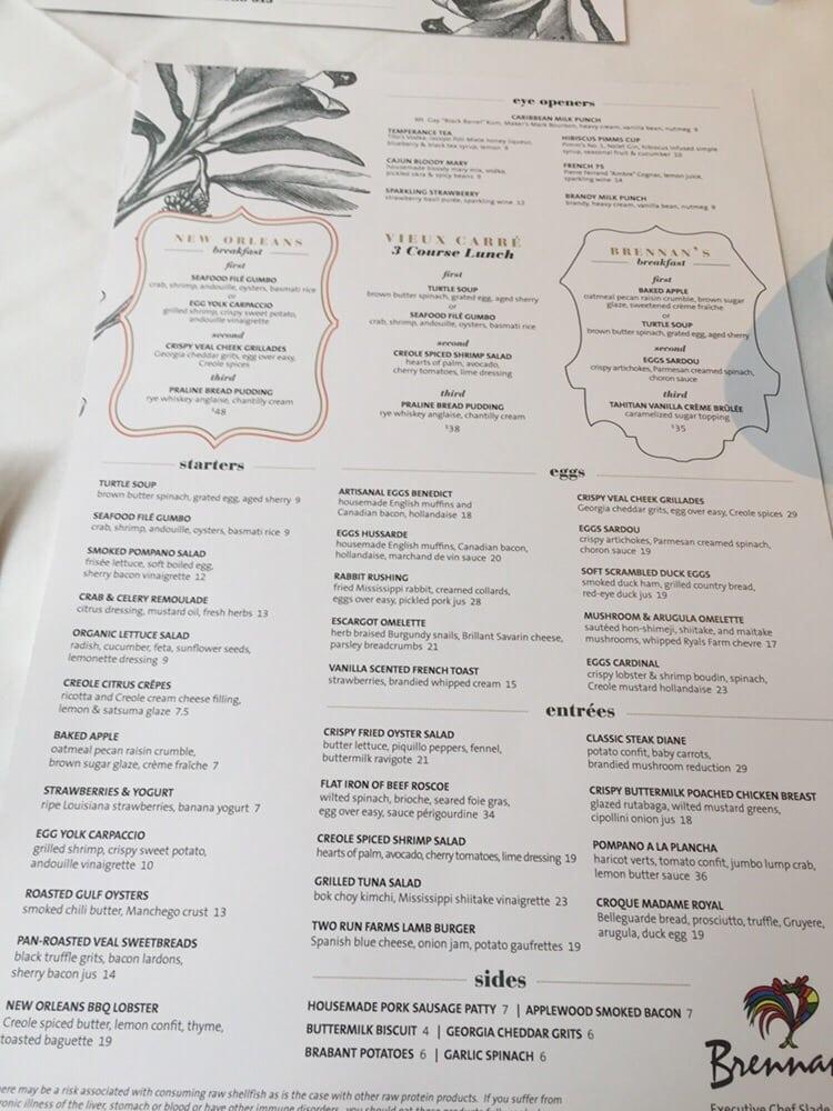 Menu at Brennan's restaurant, New Orleans