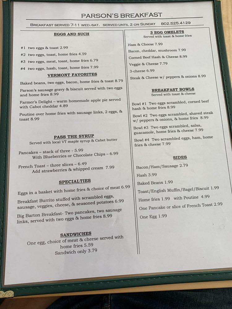 Menu at Parson's Dinner House pub & bar, Barton