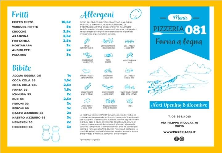 Menu at Pizzeria 081, Rome