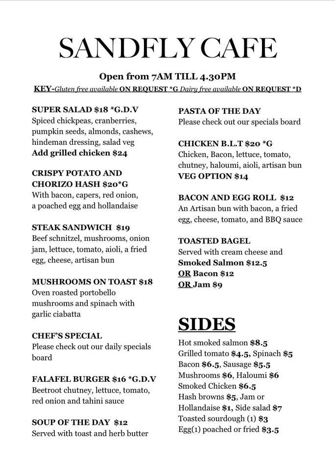 Menu at Sandfly Cafe Te Anau, Te Anau