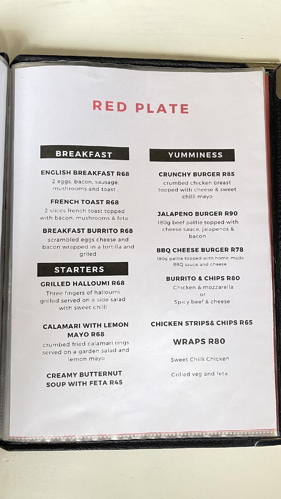 Speisekarte von The Red Plate restaurant, Haenertsburg