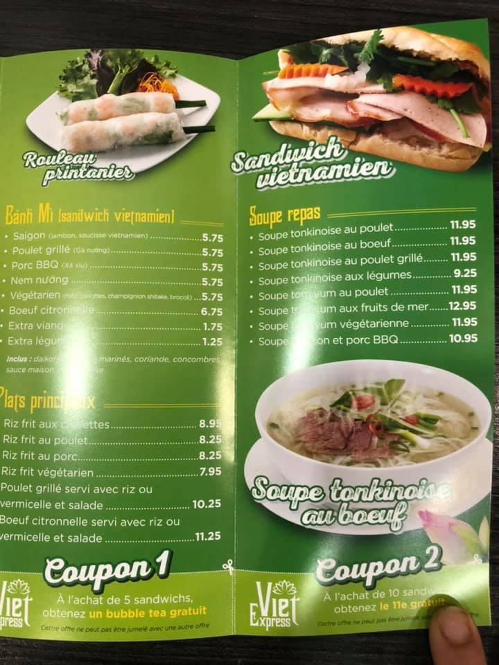 Menu at Viet Express restaurant, Montreal