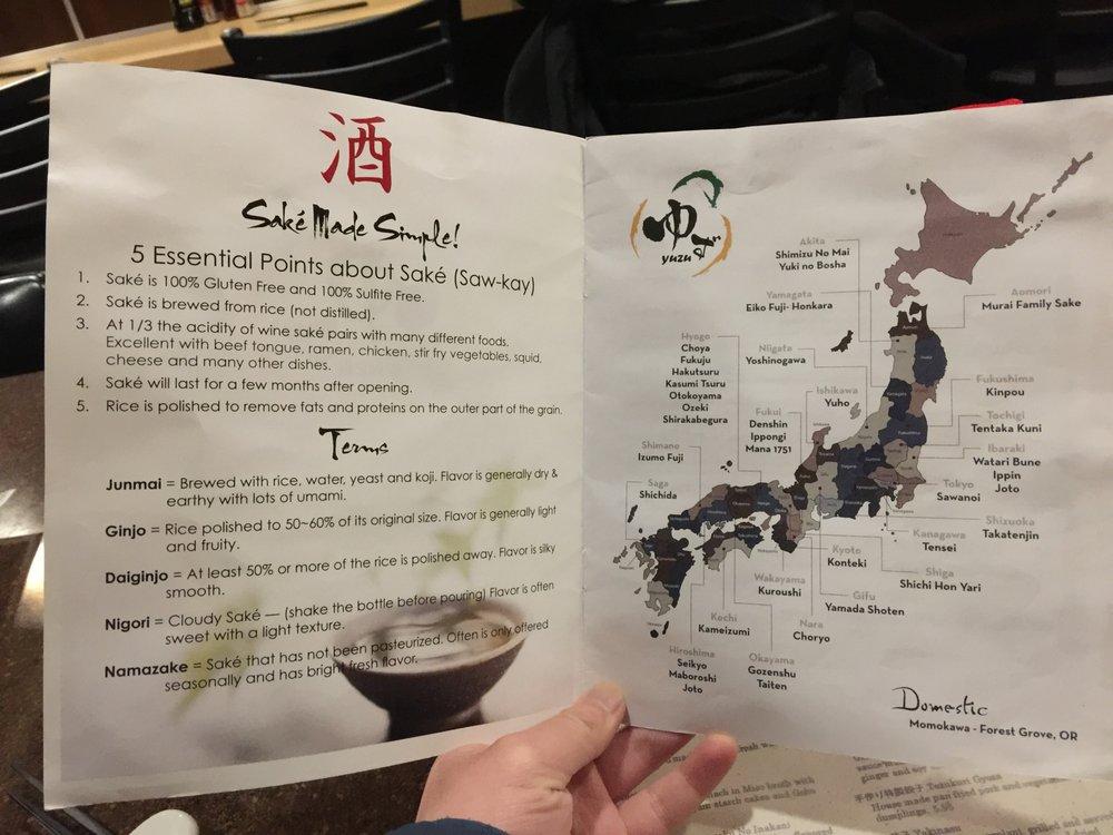 Menu at Yuzu restaurant, Beaverton