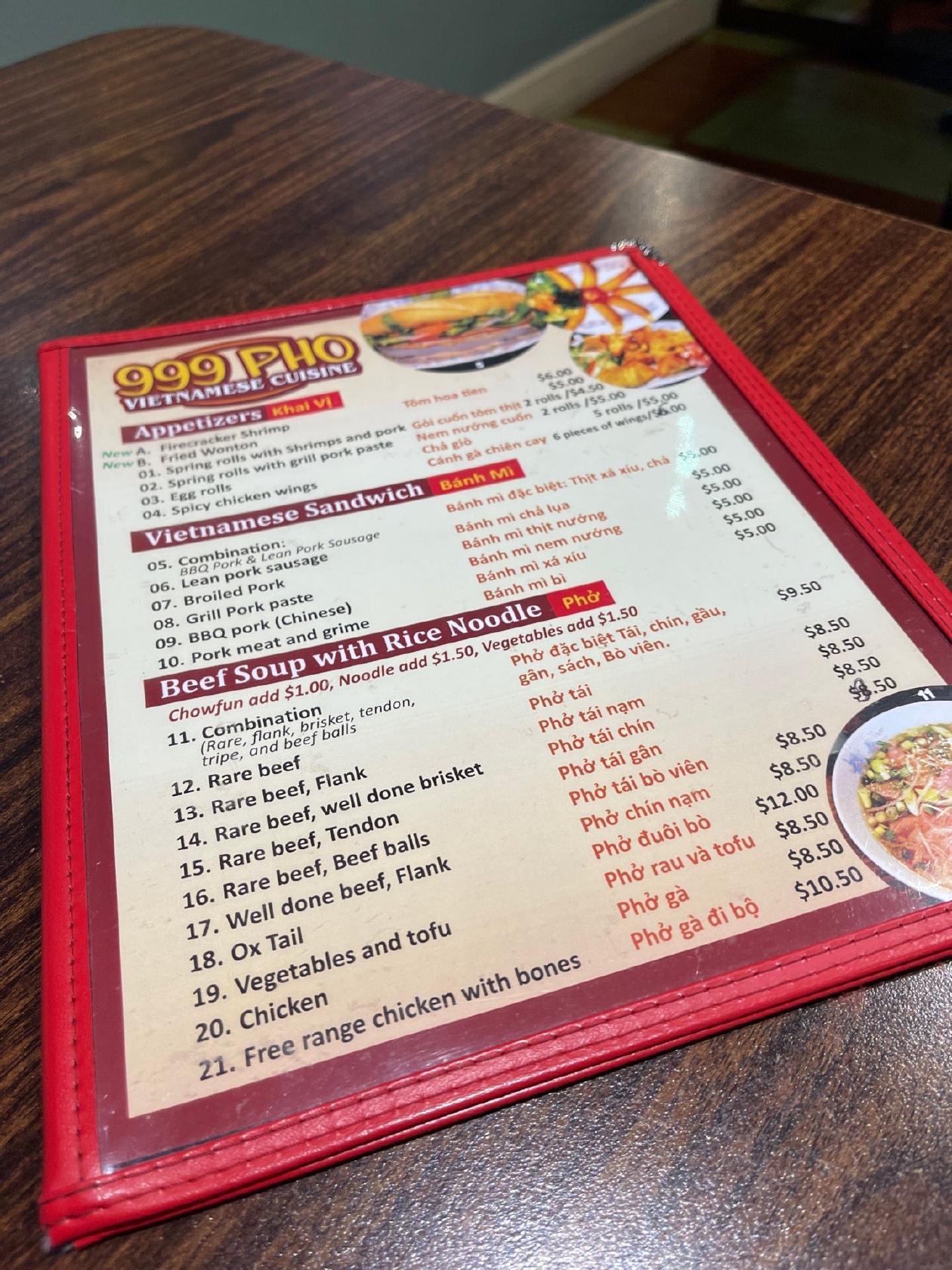 Menu at 999 Phở restaurant, Reno, Kietzke Ln