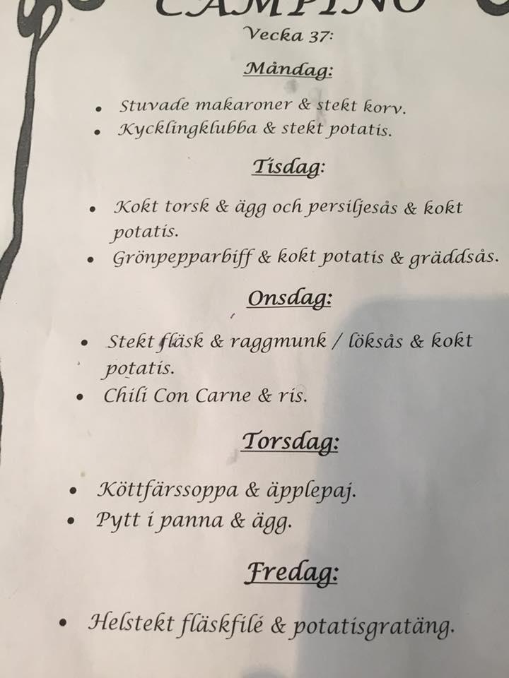 Menu at Campino restaurant, Sweden
