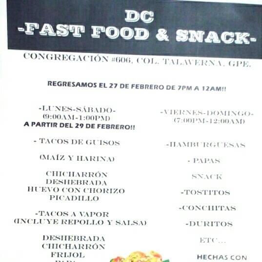 Menu at Dc Fast Food & Snack, Guadalupe