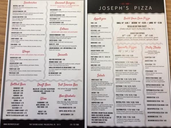Menu at Joseph's Pizza Parlor pizzeria, Philadelphia