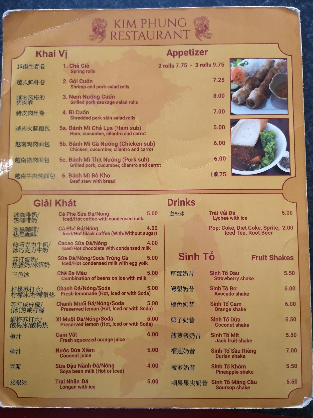 Menu at Kim Phụng Restaurant, Vancouver