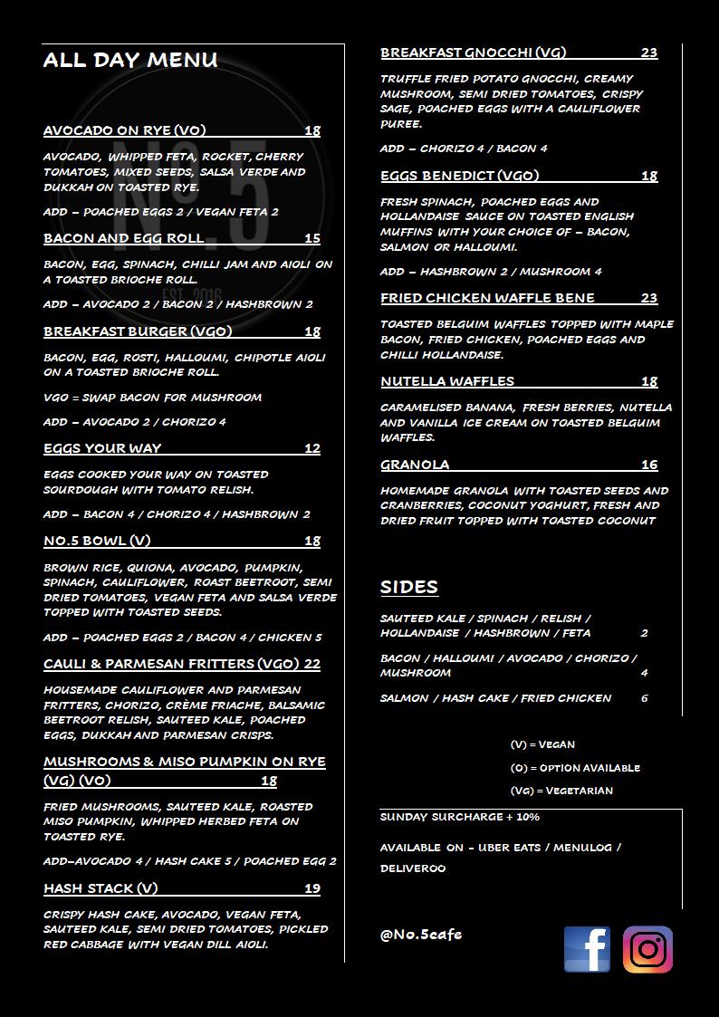 Carta de No.5 Cafe, Fortitude Valley, 5L Winn La