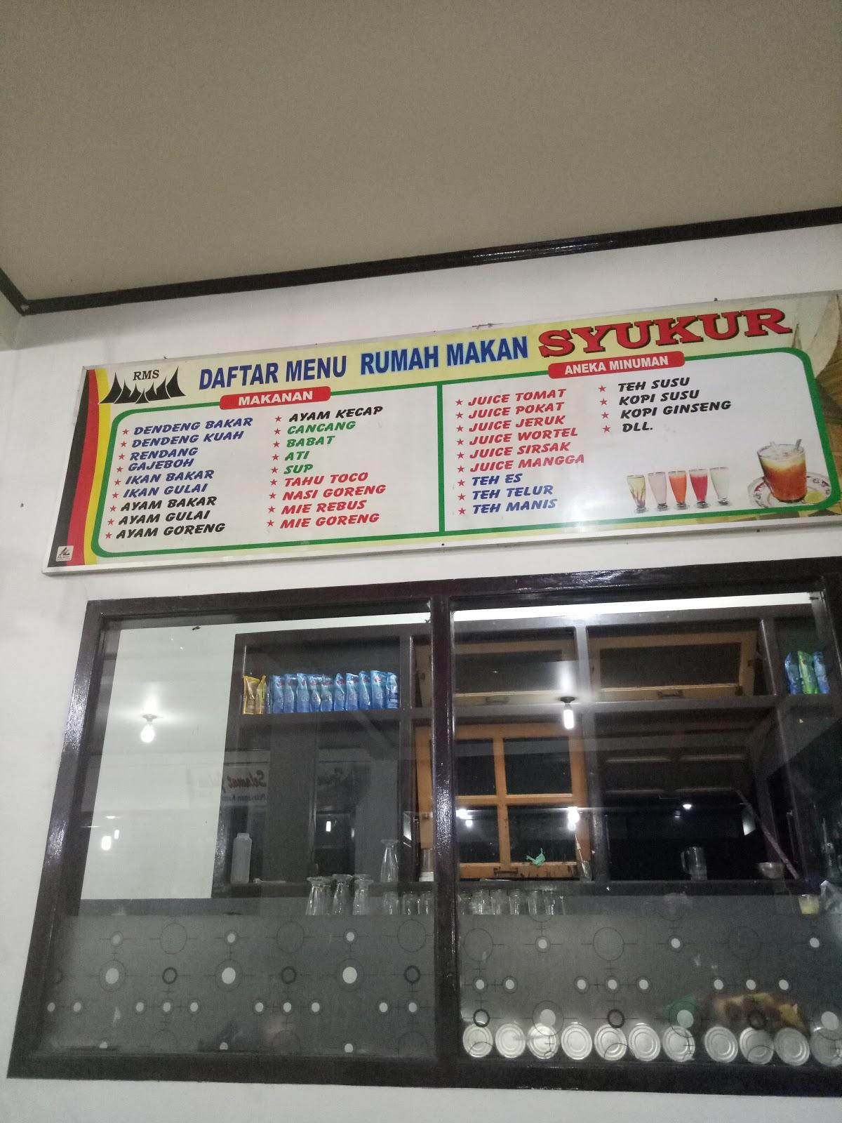 Menu at Rumah Makan Syukur restaurant, Singgalang