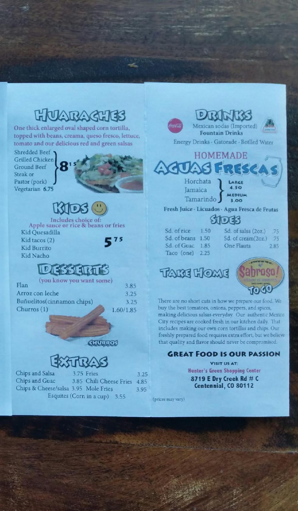 Menu at Sabroso! Fresh Mexican Grill restaurant, Centennial
