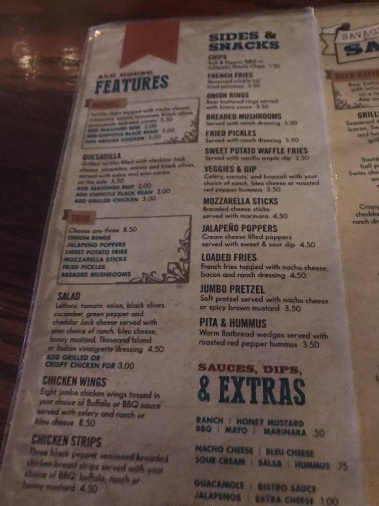 Menu at Savage's Ale House pub & bar, Muncie