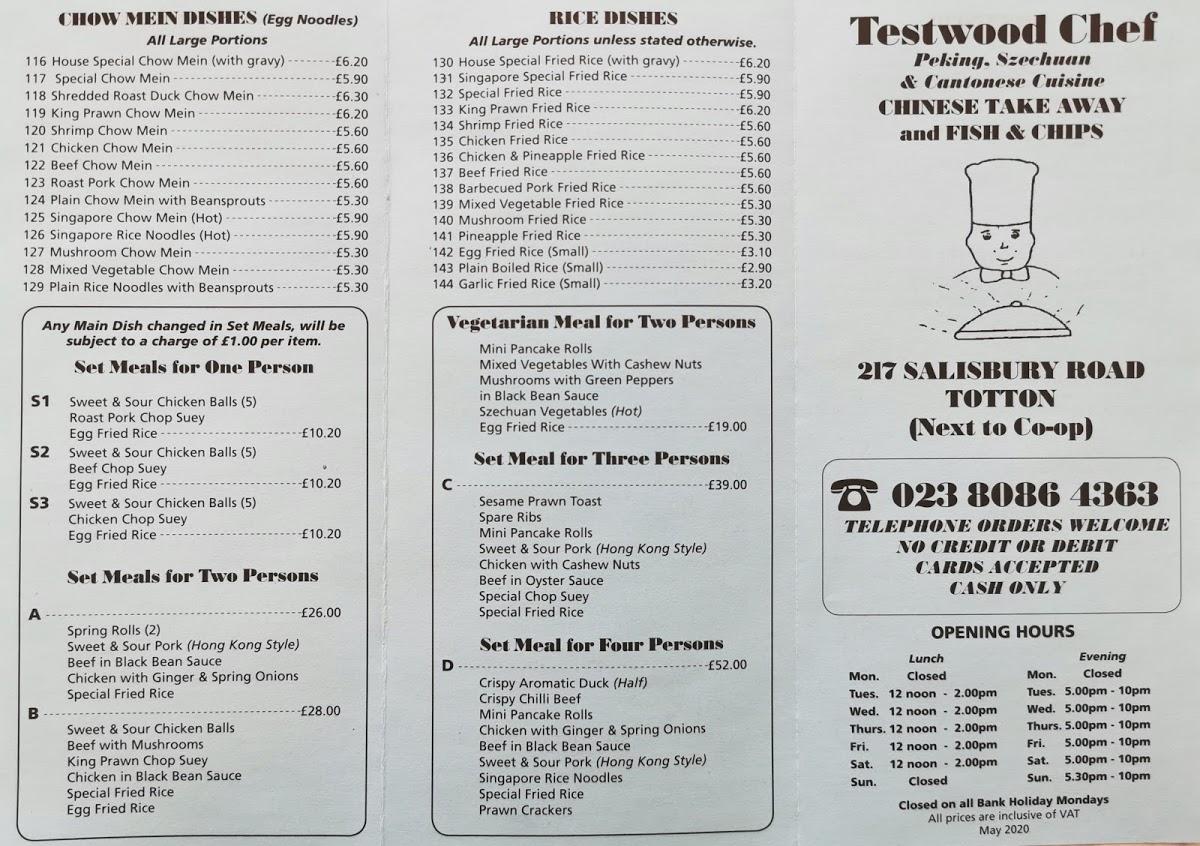 Menu at Testwood Chef restaurant, Southampton