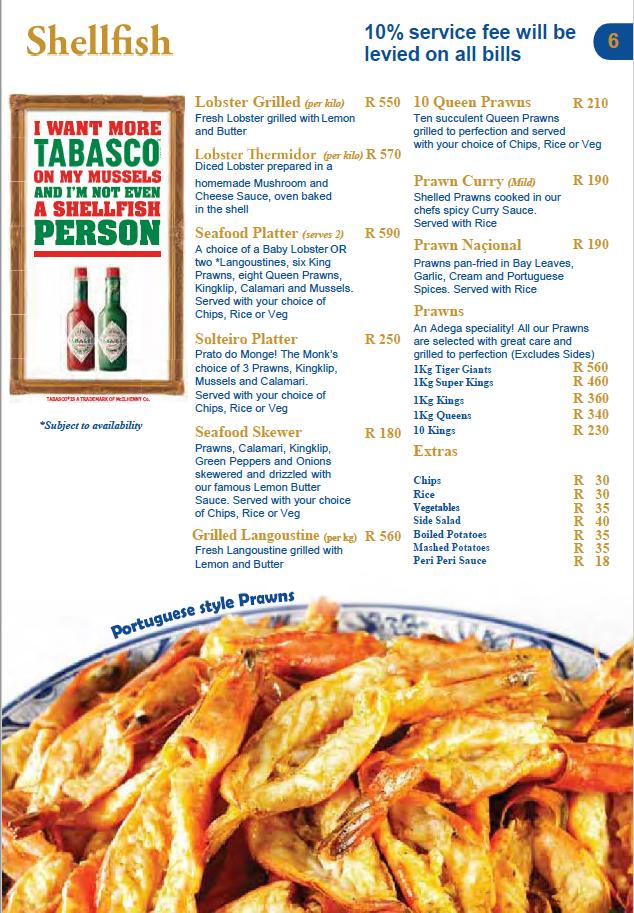 Menu at Adega Umhlanga restaurant, Umhlanga, 1 Palm Blvd