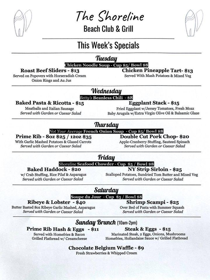 Menu at Shoreline beach club, Tyngsborough