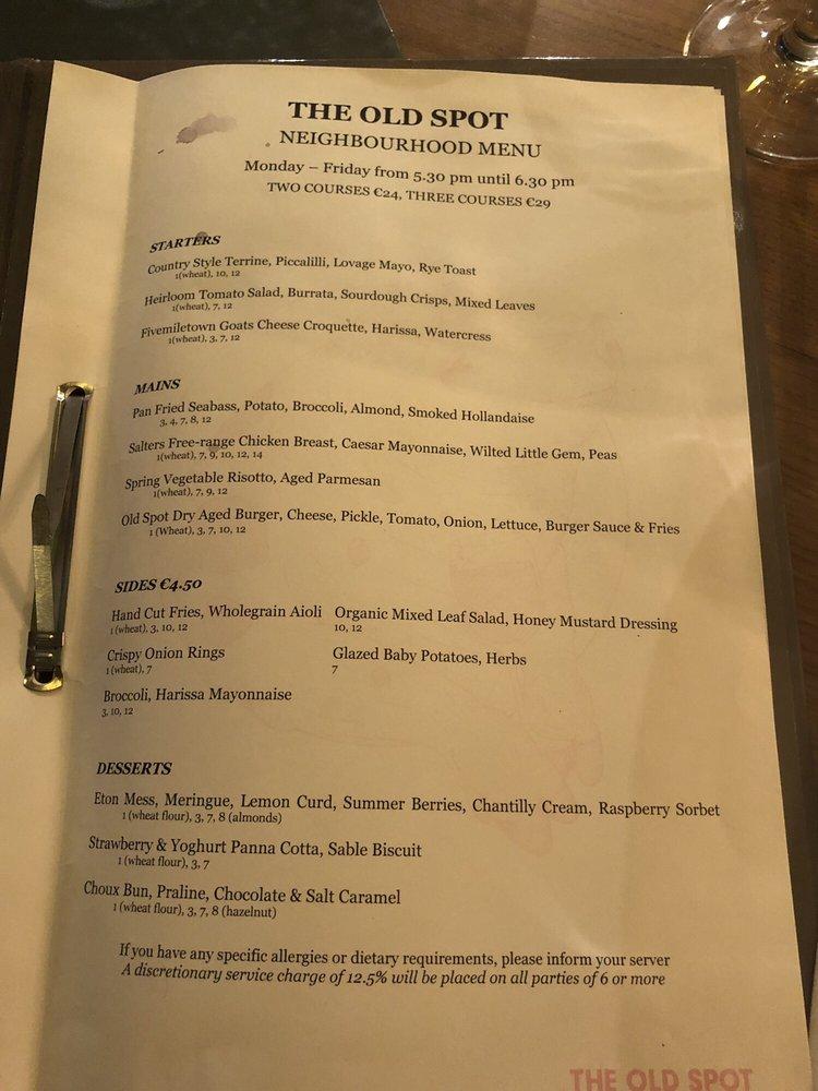 Menu at The Old Spot pub & bar, Dublin, 14 Bath Avenue