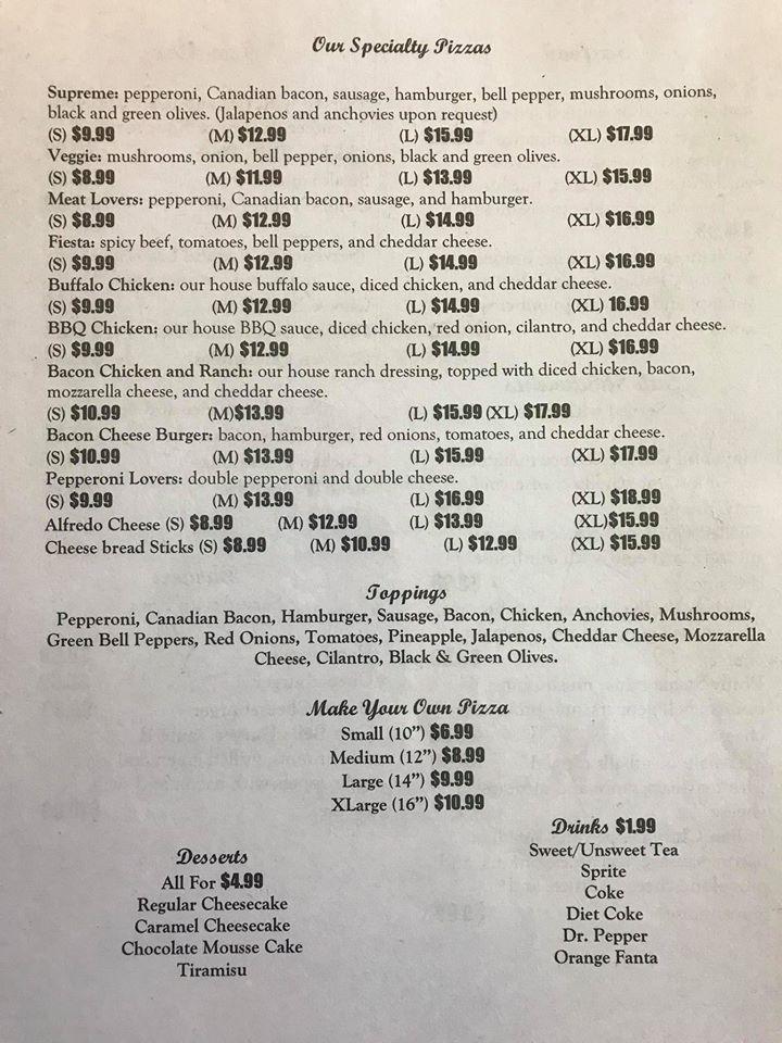 Menu at Casa Bella Pizza and Grill restaurant, Cumby