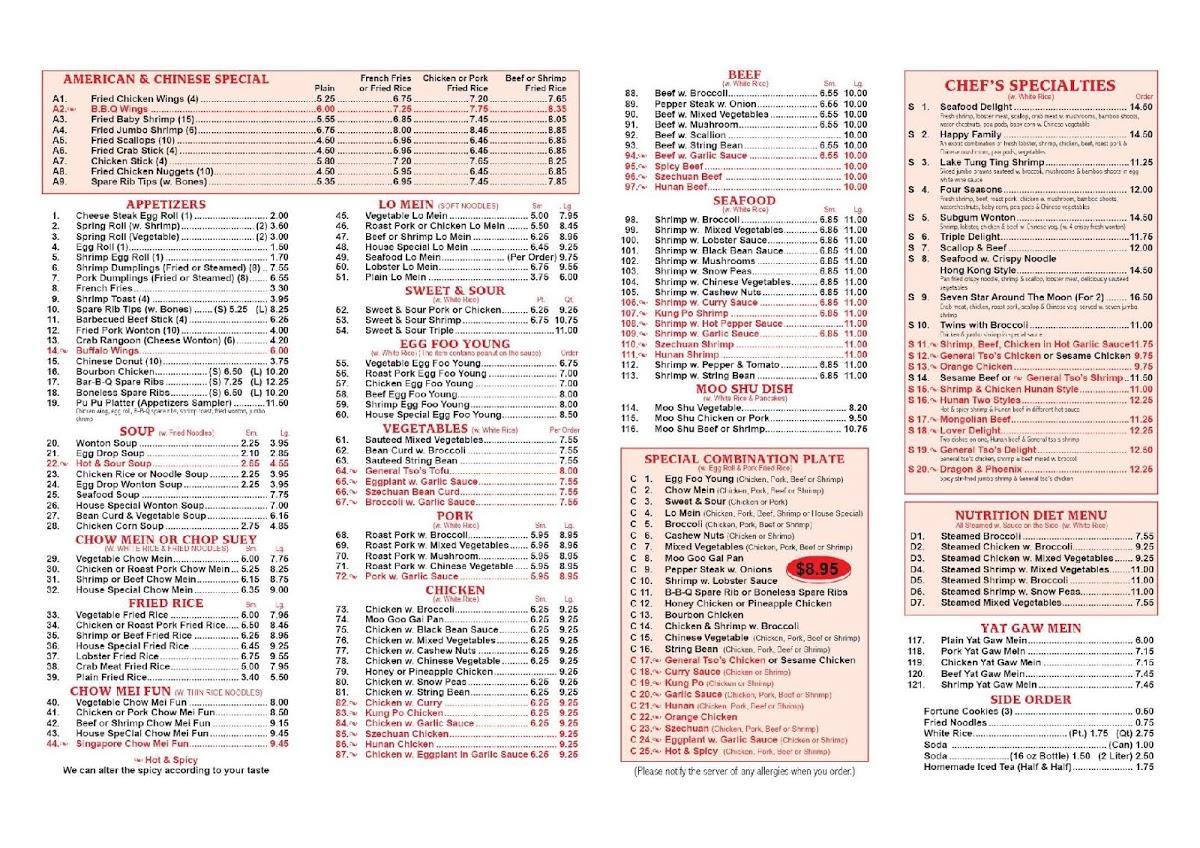 Menu at China One restaurant, Rosedale