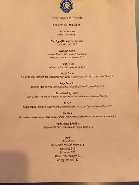 Menu at Commonwealth pub & bar, Modesto