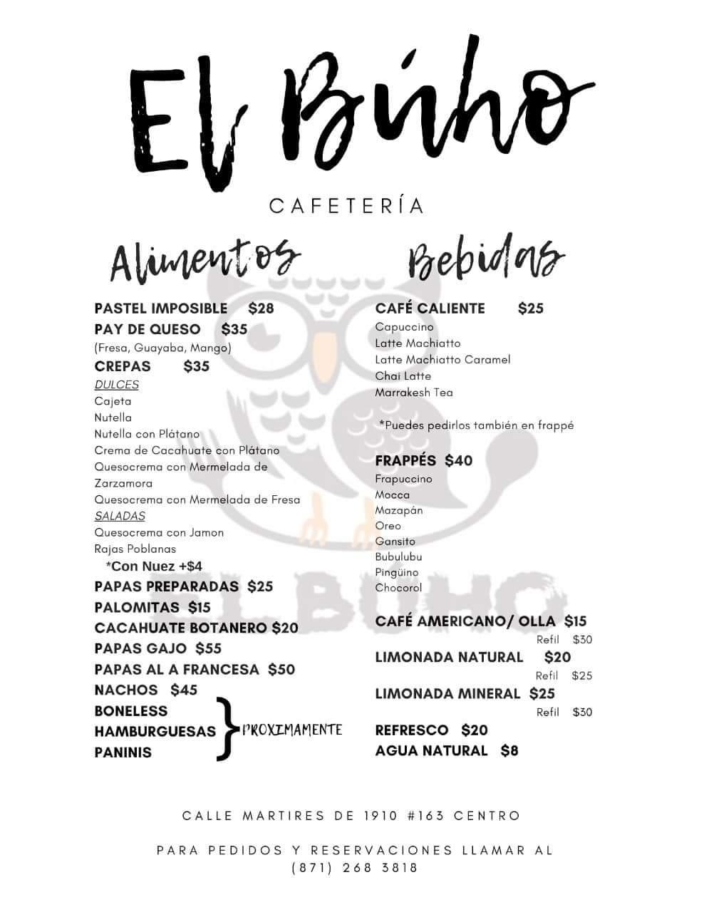 Menu at El Búho cafe, Gómez Palacio