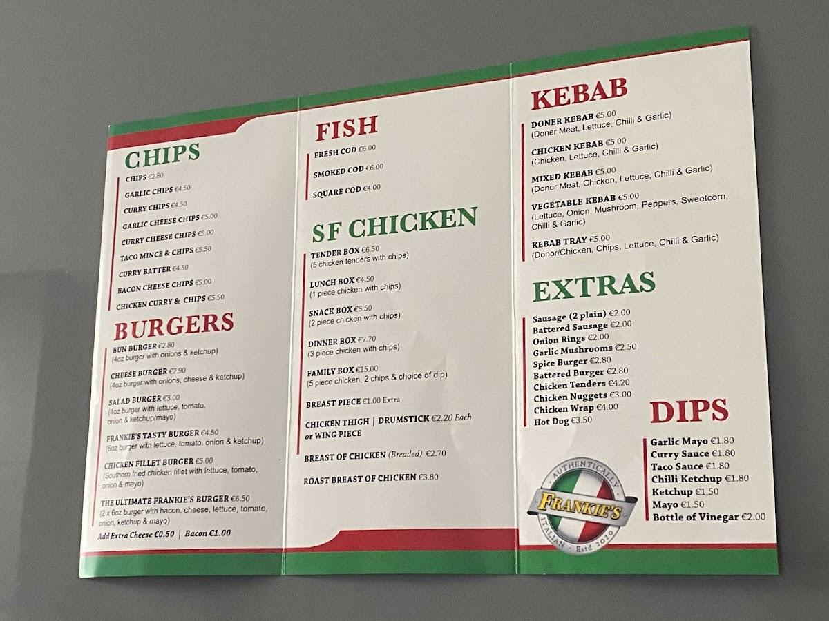 Menu at Frankie's Authentic Italian Chipper restaurant, Tullamore