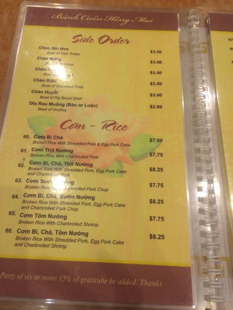 Menu at Hồng Mai Restaurant, Westminster, Bolsa Ave suite 113 & 114