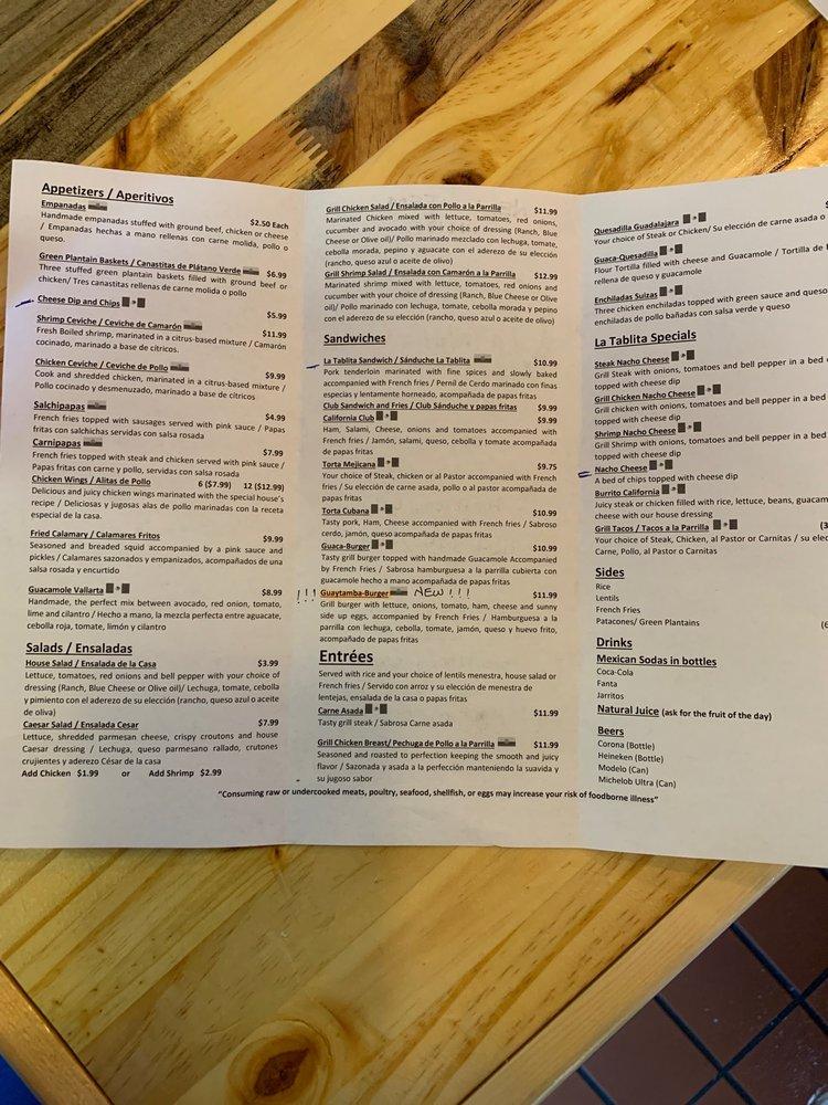 Carta del restaurante La Tablita Grill, Spartanburg