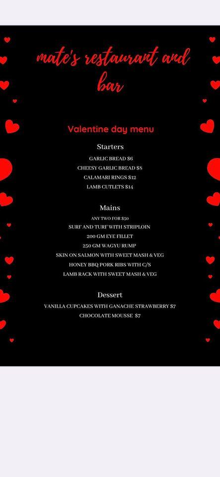 Menu at Mate’s restaurant and bar, Wynnum