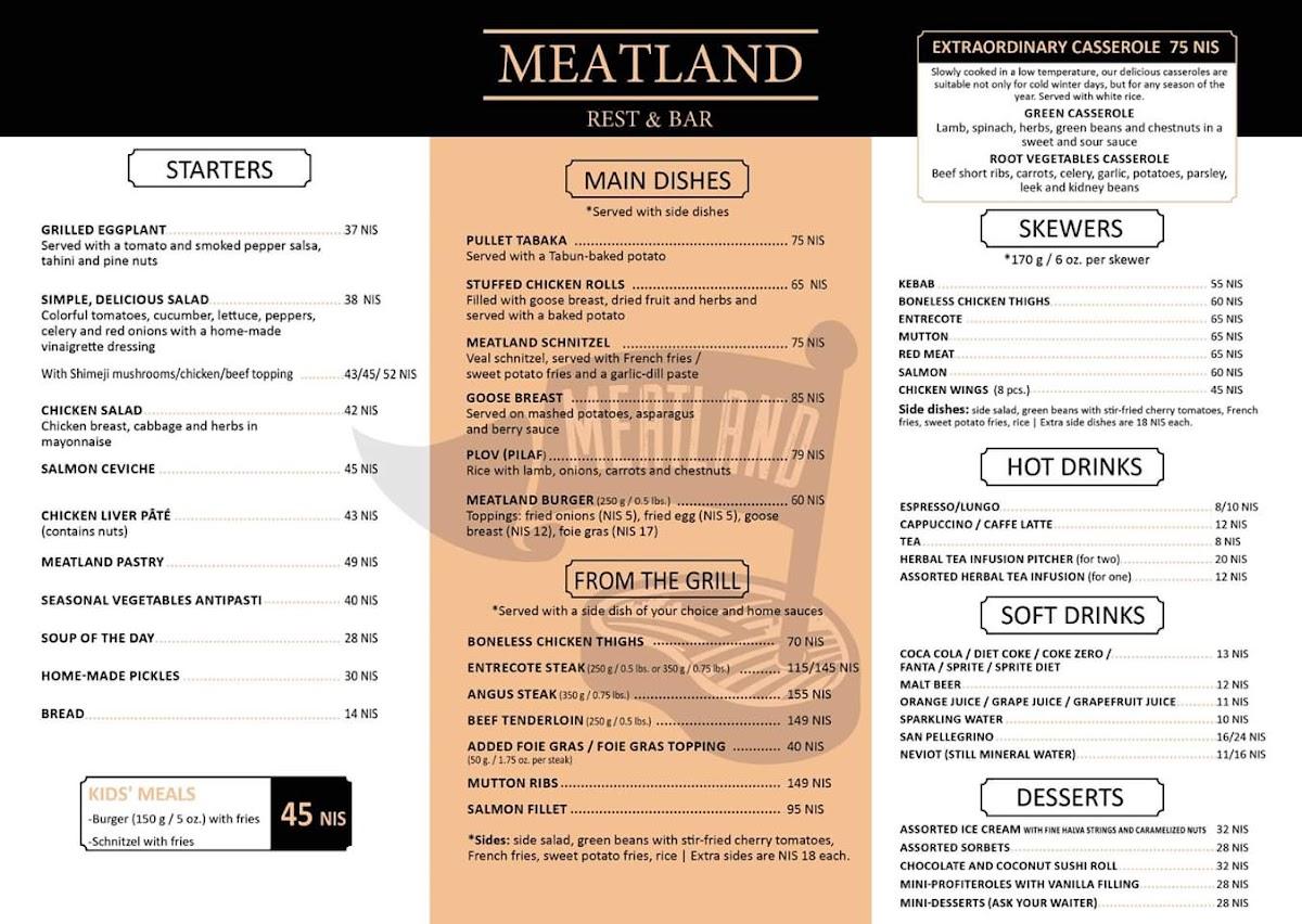 Menu at Meatland restaurant, Netanya