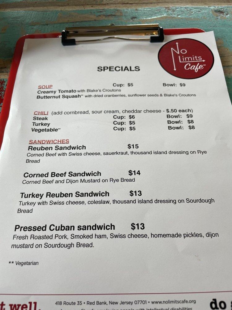Carta de No Limits Cafe, Red Bank
