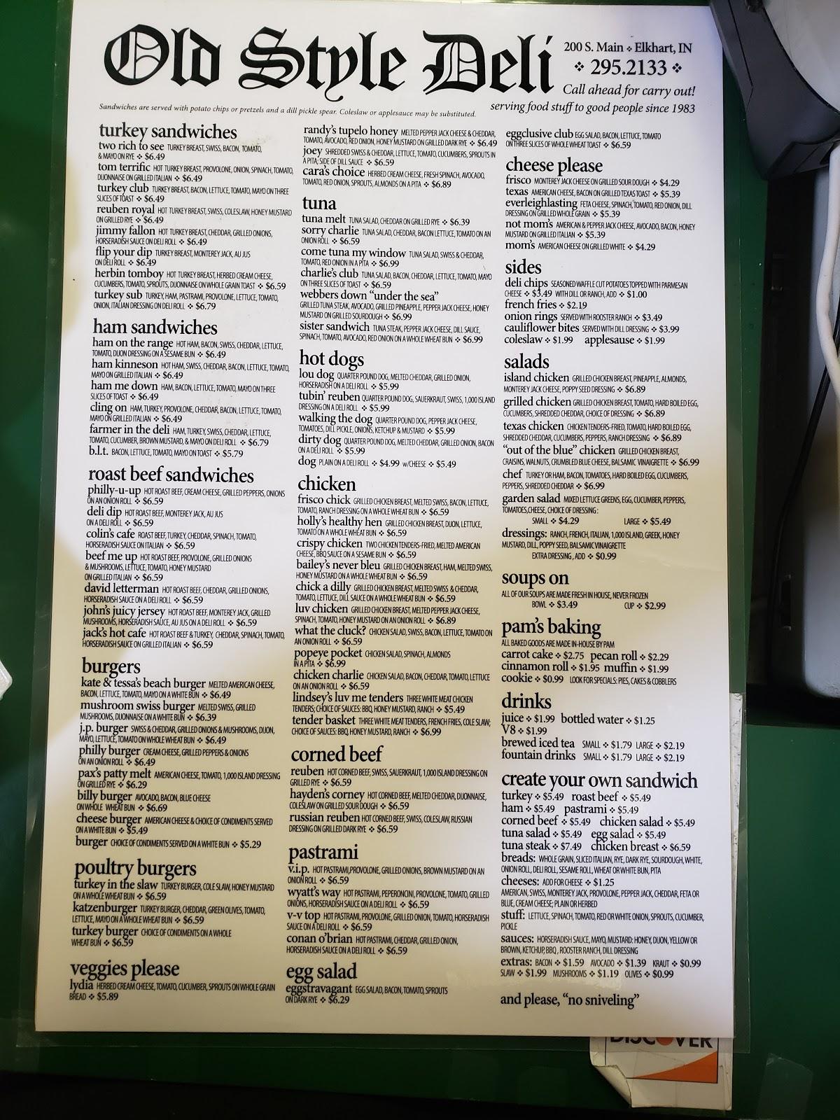 Menu at Old Style Deli restaurant, Elkhart