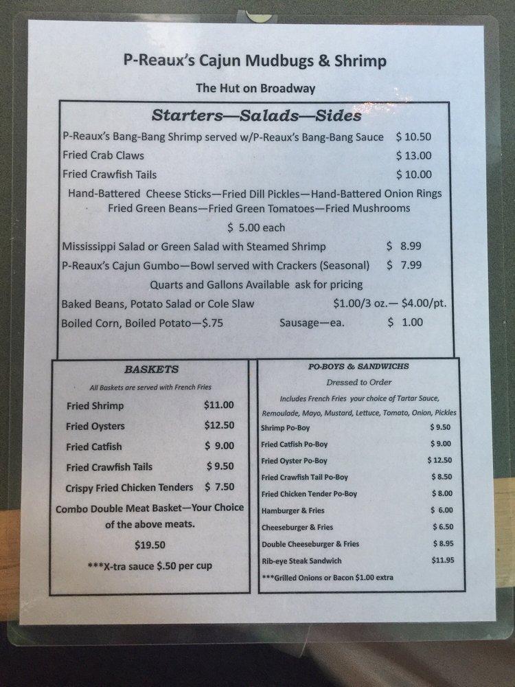 Menu at P-Reaux's Cajun Mudbugs restaurant, Yazoo City