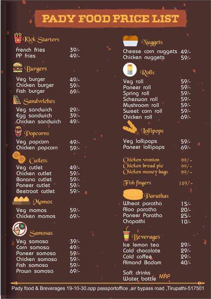 Menu at Pady Hub, Tirupati