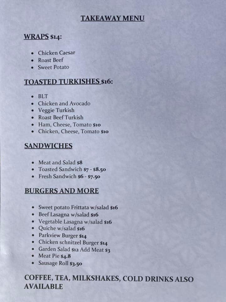 Menu at Parkview Cafe, Singleton, Town Head Park