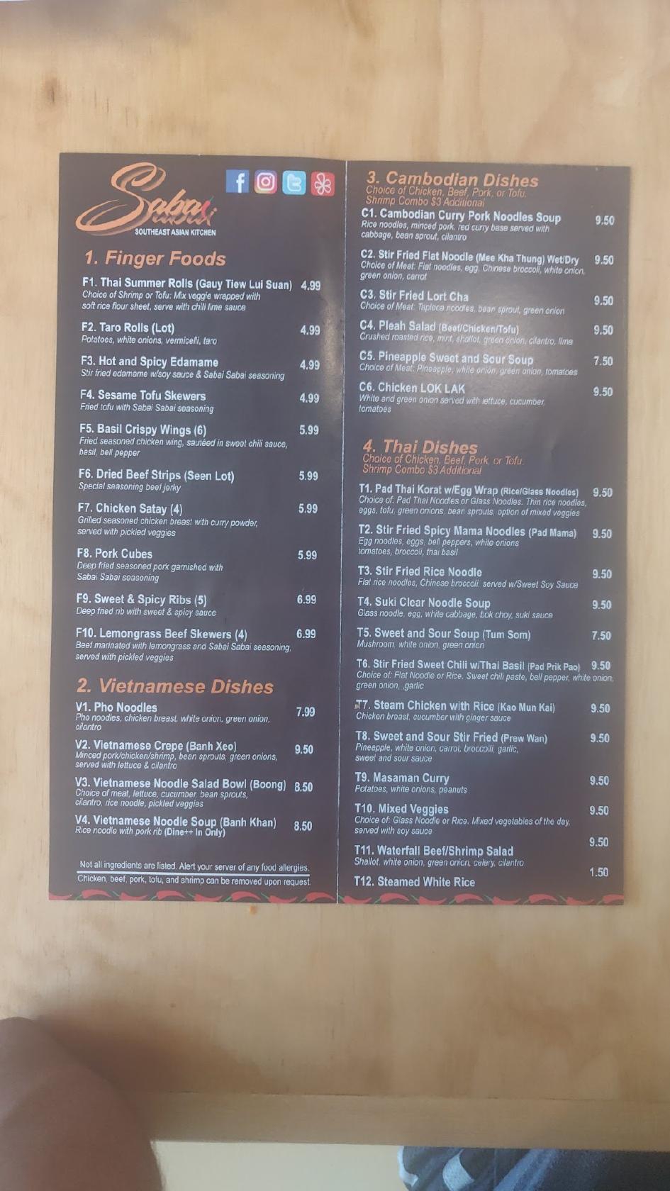 Menu at Sabai Thai Restaurant, Grapevine