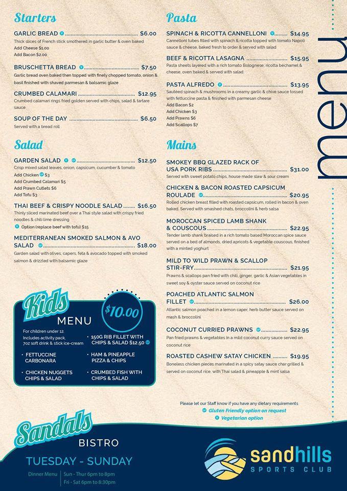 Menu at Sandhills Sports Club - Home of Bargara Bowls, Bargara