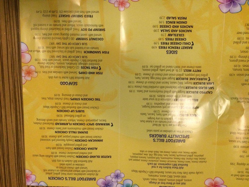 Menu at Barefoot Bill's Island Grill, St. Augustine