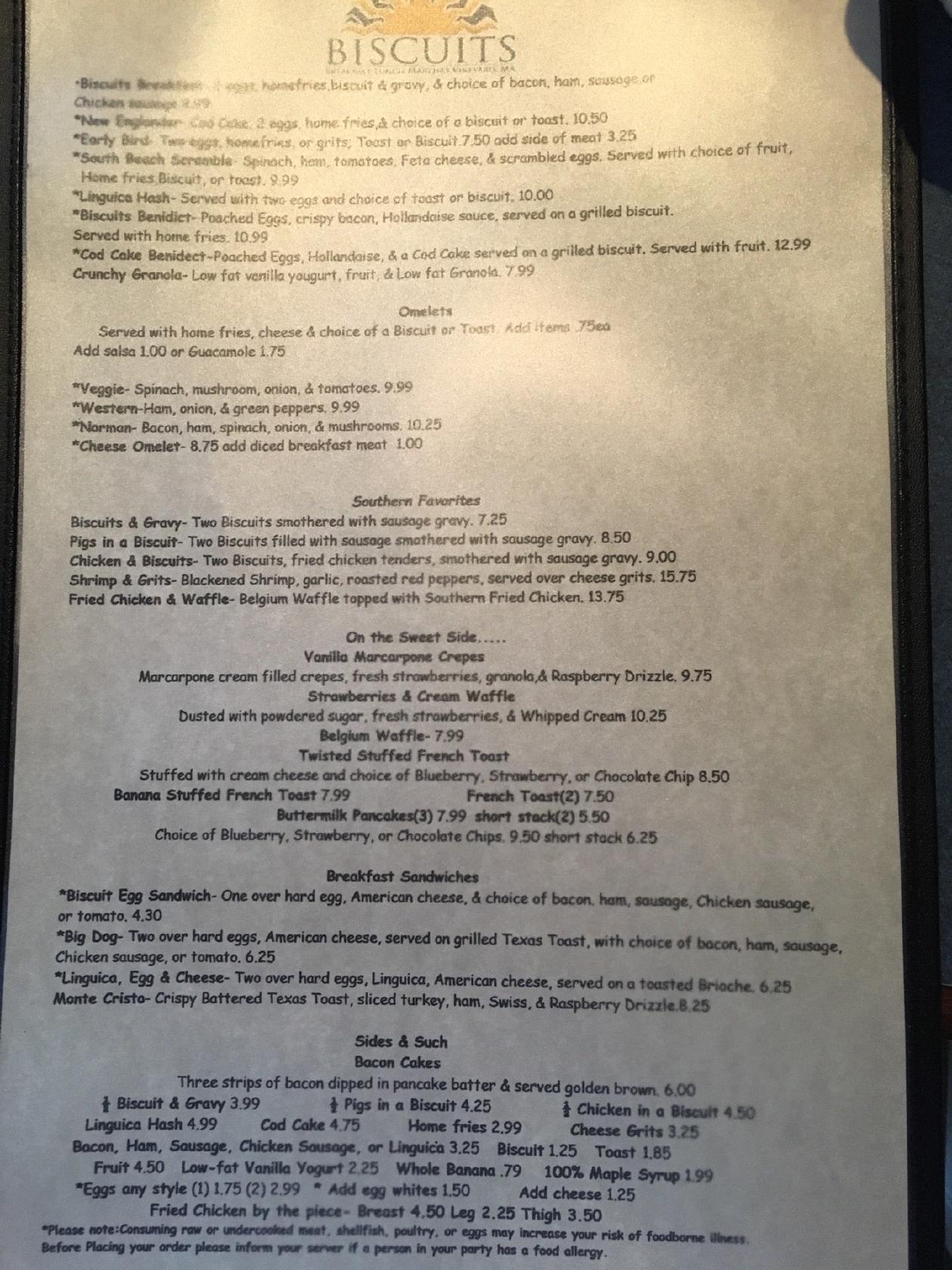 Menu at Biscuits restaurant, Oak Bluffs