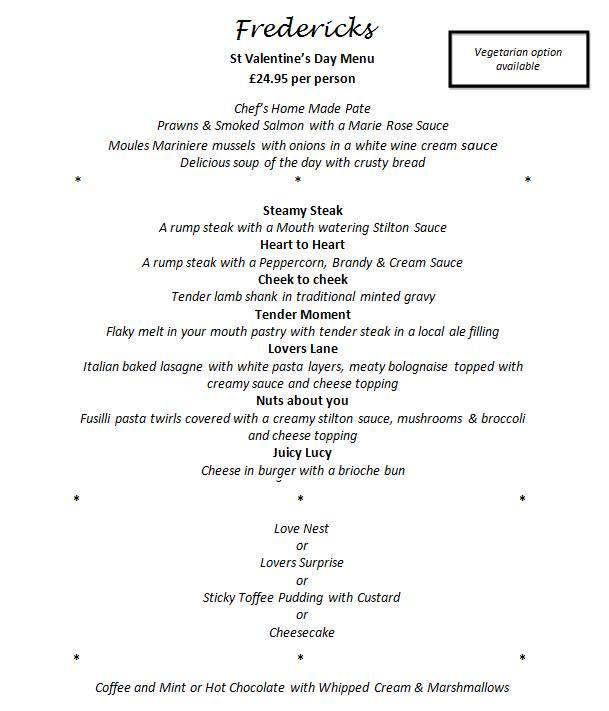 Menu at Fredericks restaurant, Torquay