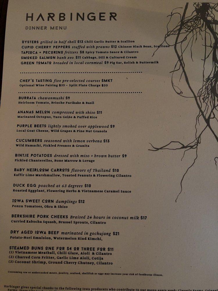 Menu at Harbinger restaurant, Des Moines