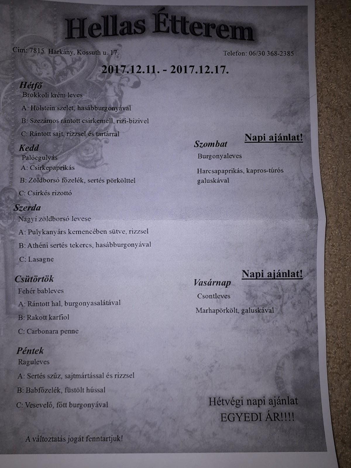 Menu at Hellas Étterem restaurant, Harkány