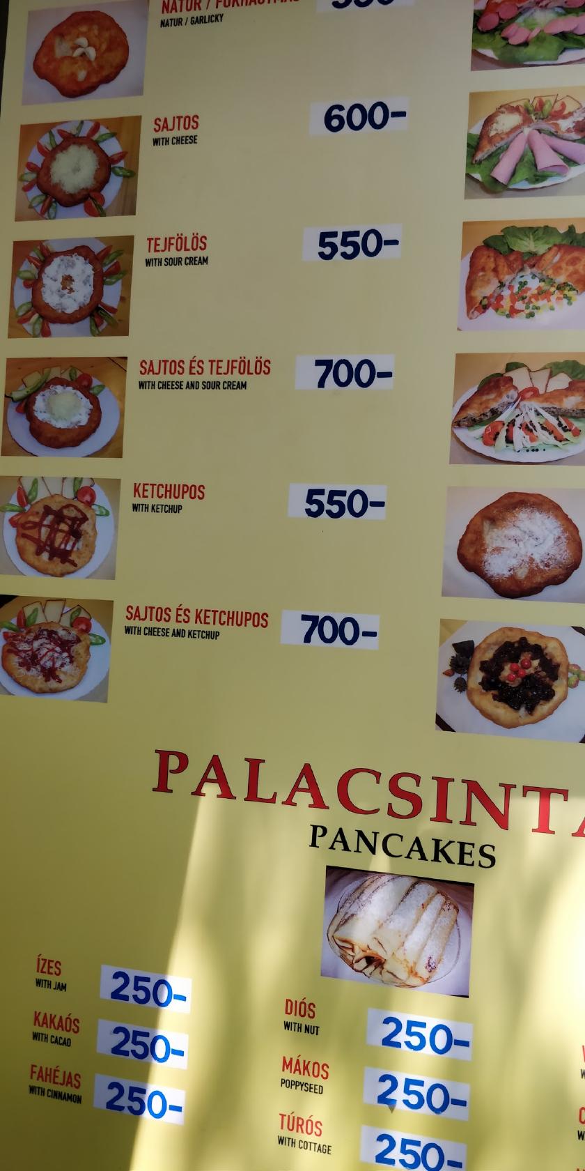 Menu at Langos cafe, Szentendre