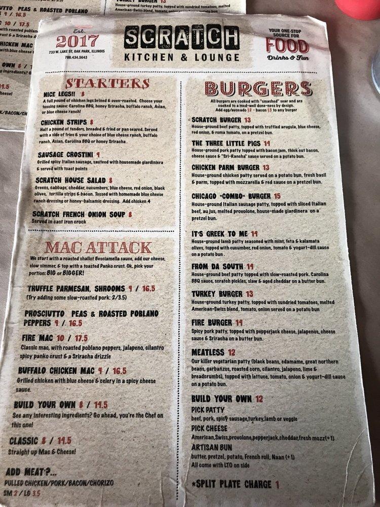 Menu at Scratch On Lake restaurant, Oak Park