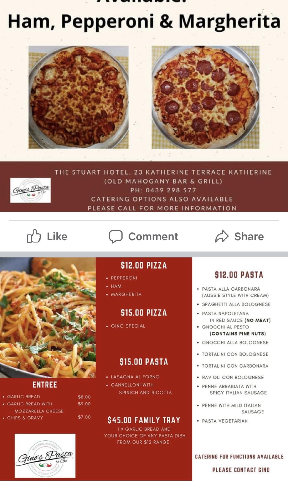 Carta del restaurante Gino’s Pasta to Go, Katherine South