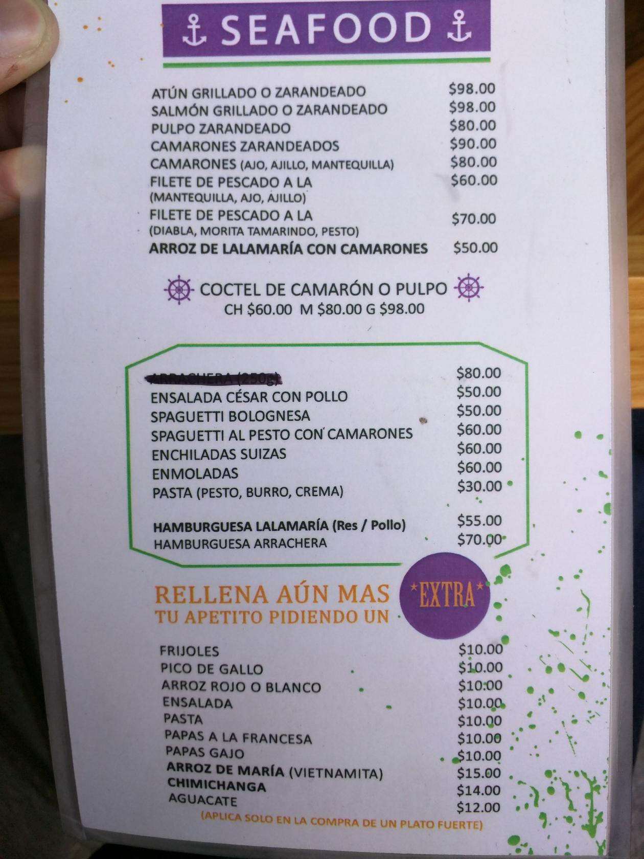 Carta del restaurante Lala Maria, Celaya