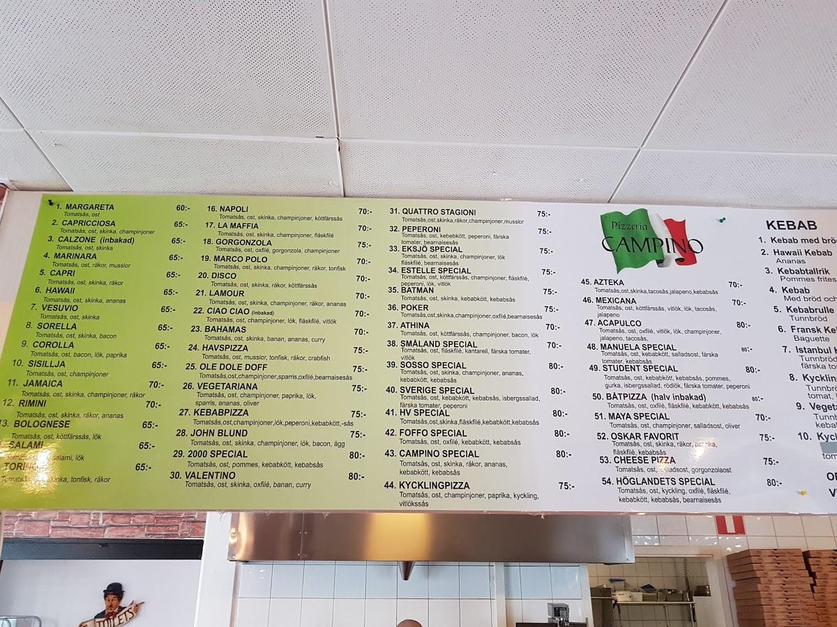Menu at Pizzeria Campino, Eksjö
