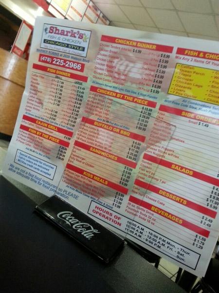 Menu at Shark's Fish & Chicken Chicago Style restaurant, Warner Robins ...