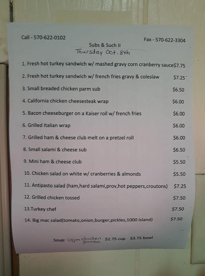 Menu at Subs N' Such restaurant, Pottsville