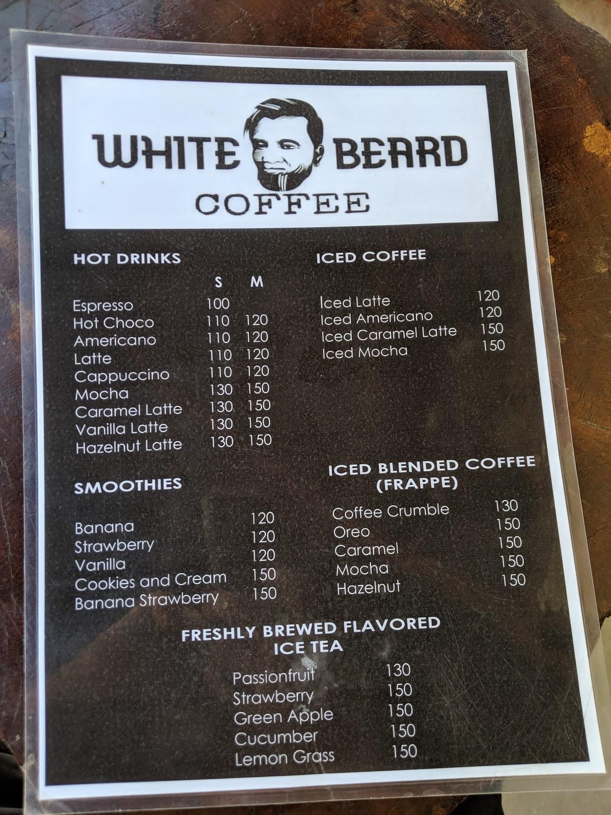 Menu at WHITE BEARD COFFEE cafe, General Luna, SIARGAO ISLAND